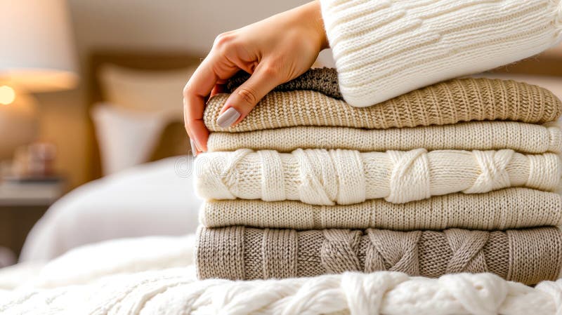 A Person Holding a Stack of Sweaters on Top of a Bed Stock Image ...