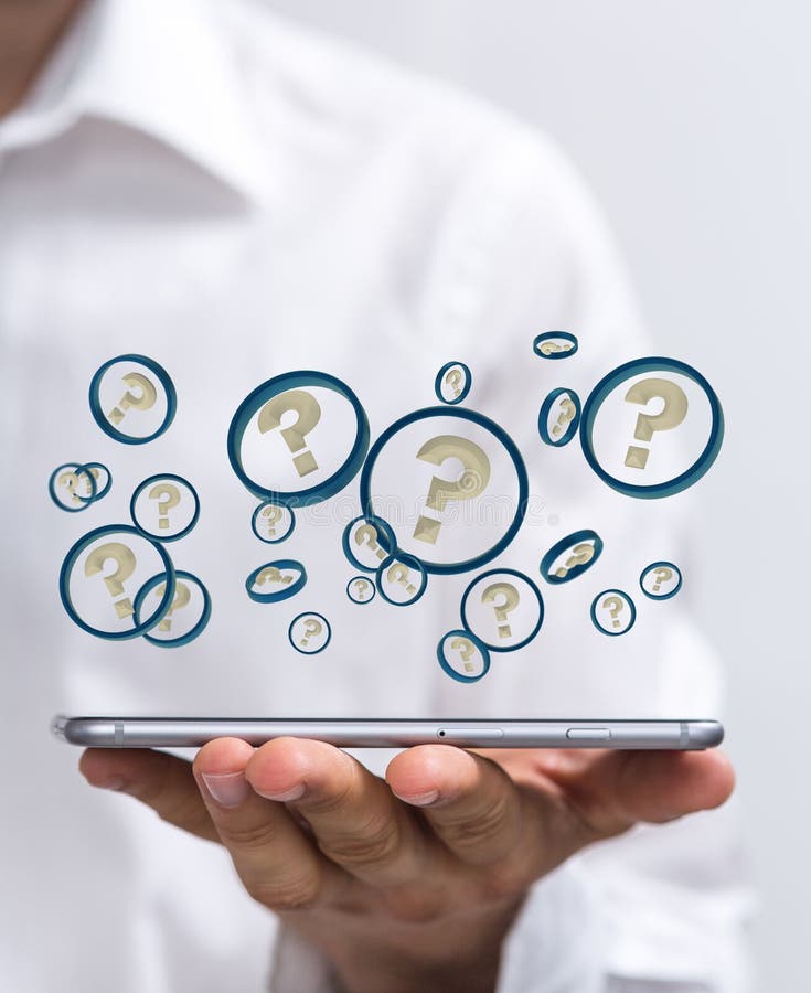 Person S Hand Holding a Tablet with Hovering 3D Rendered Question Marks ...