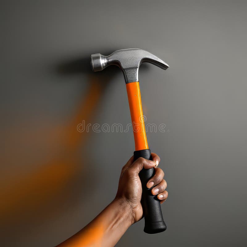 Holding Hammer Tool with Orange Handle Against Gray Background Studio ...