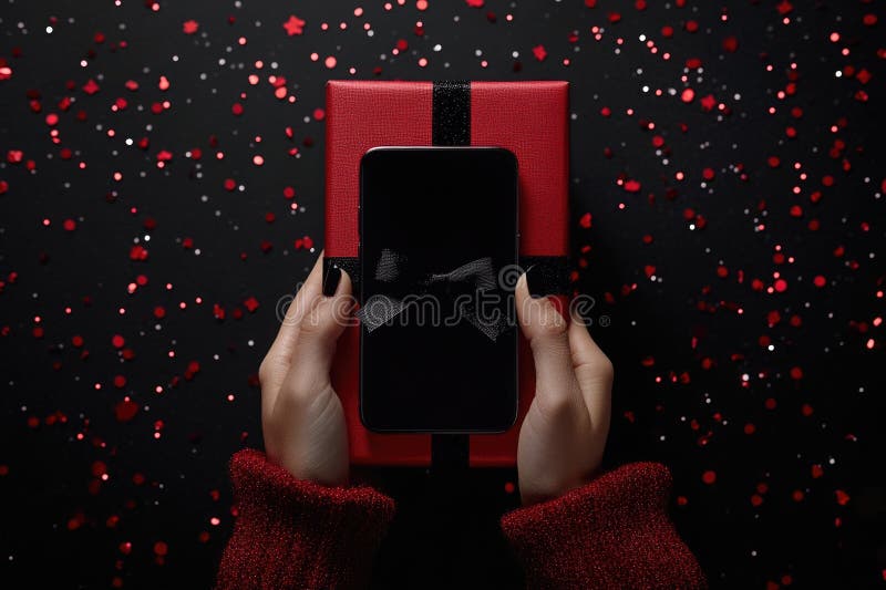 Hand Holding Unopened Gift Box with Smartphone Inside Stock Photo ...