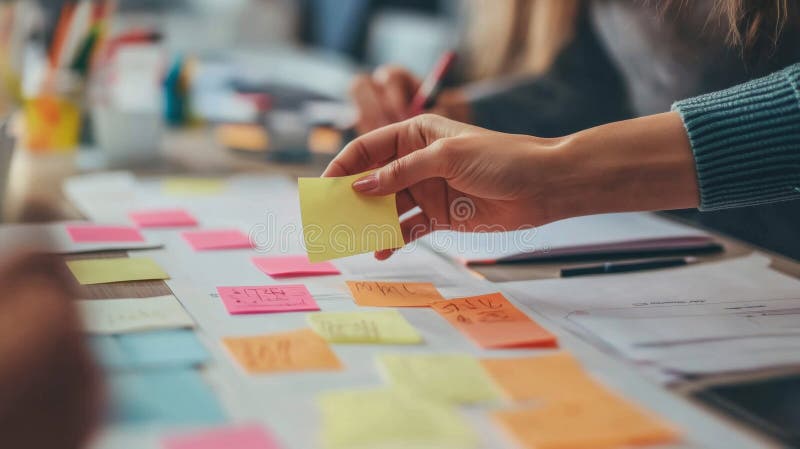 Person S Hand Placing a Yellow Sticky Note on a Table with Other ...