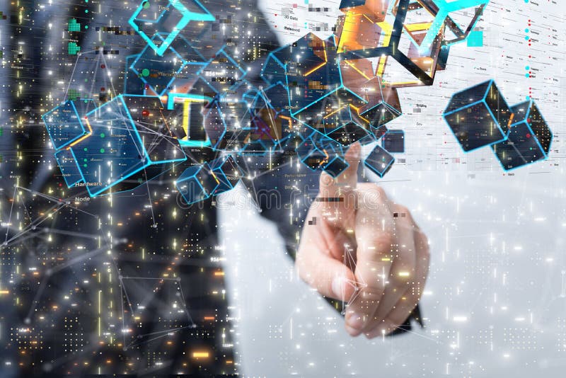 Person S Hand Pointing at the Hovering Hologram Cubes. Abstract ...