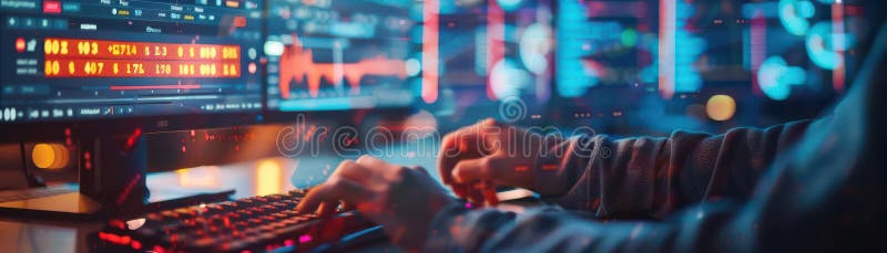 A Person S Hand Reaches for a Keyboard in Front of a Glowing Computer ...