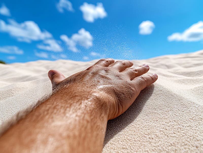 Person's Hand Sandy Beach Blue Sky Background Stock Photos - Free ...