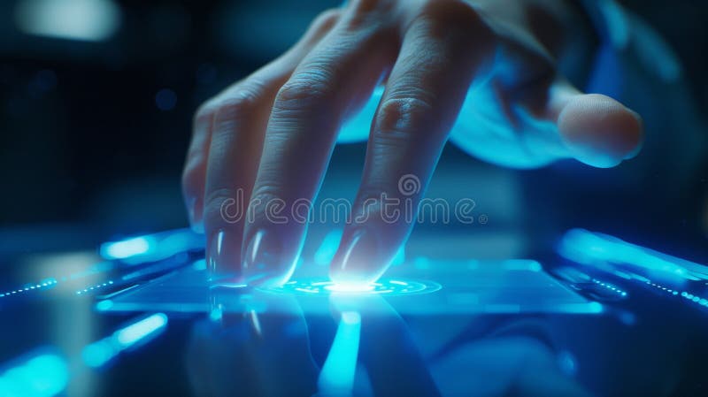 A Person S Hand on a Touch Screen with Glowing Blue Lights, AI Stock ...