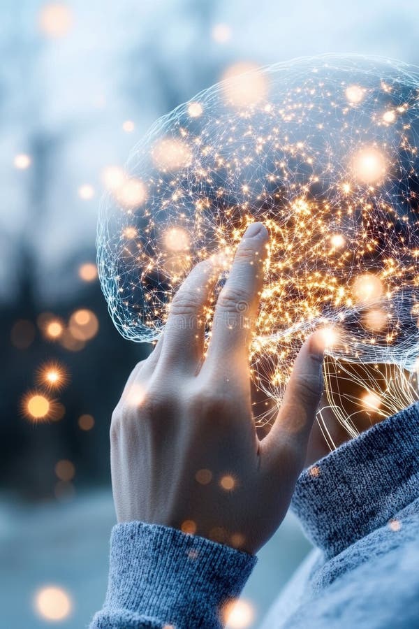 A Person S Hand is Touching a Brain that is Made of Light Stock ...