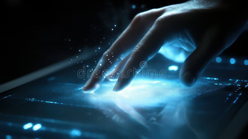 A Person S Hand is Touching a Glowing Screen with Blue Lights, AI Stock ...