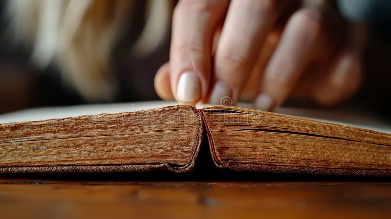 A Person S Hand is Touching an Open Book on a Table Stock Photo - Image ...