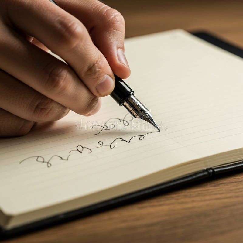 A Person S Hand is Writing with a Black Fountain Pen on Lined Paper in ...