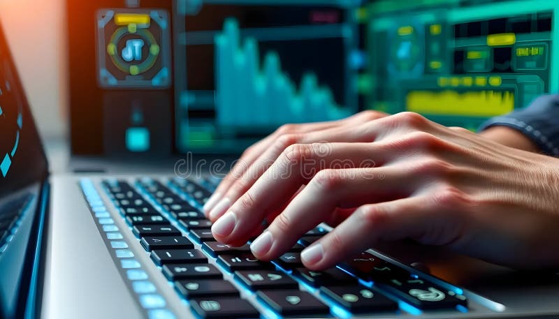 Person Using Laptop Computer Looking at Digital Charts and Graphs Stock ...