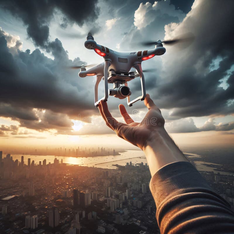 A Person S Hands Holding a Remote Control, Controlling a Drone Flying ...