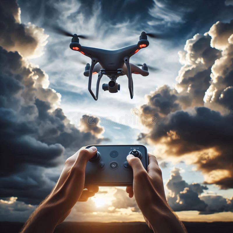 A Person S Hands Holding a Remote Control, Controlling a Drone Flying ...