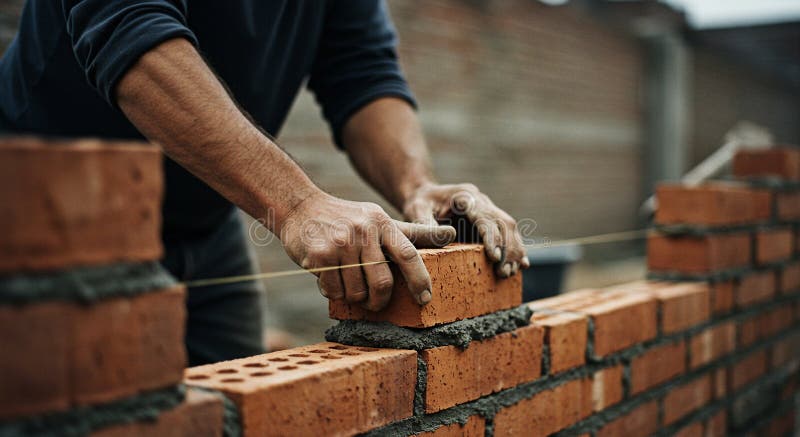 A Person S Hands are Placing a Red Brick Onto a Partially Built Wall ...