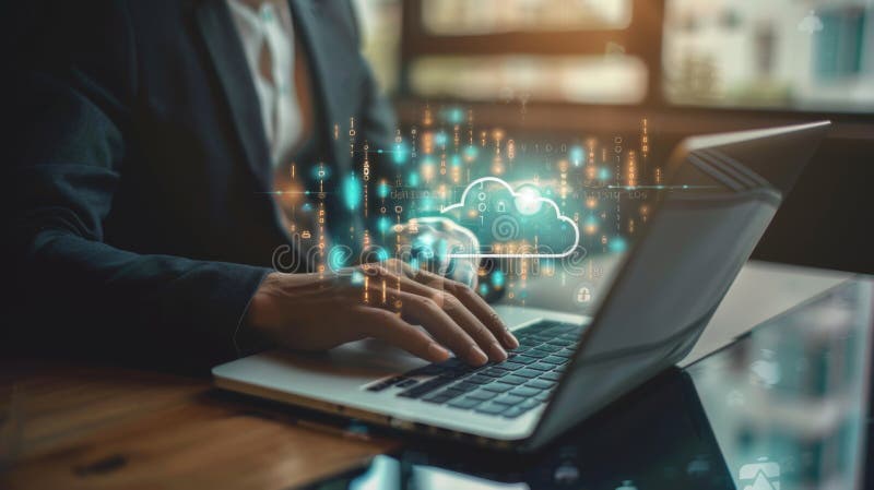Person S Hands Typing on a Laptop with a Digital Overlay of a Secure Cloud Network Graphic ...