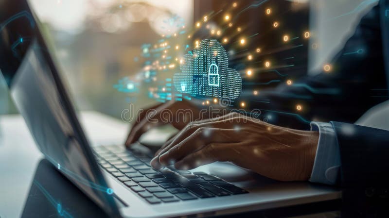 Person S Hands Typing on a Laptop with a Digital Overlay of a Secure Cloud Network Graphic ...