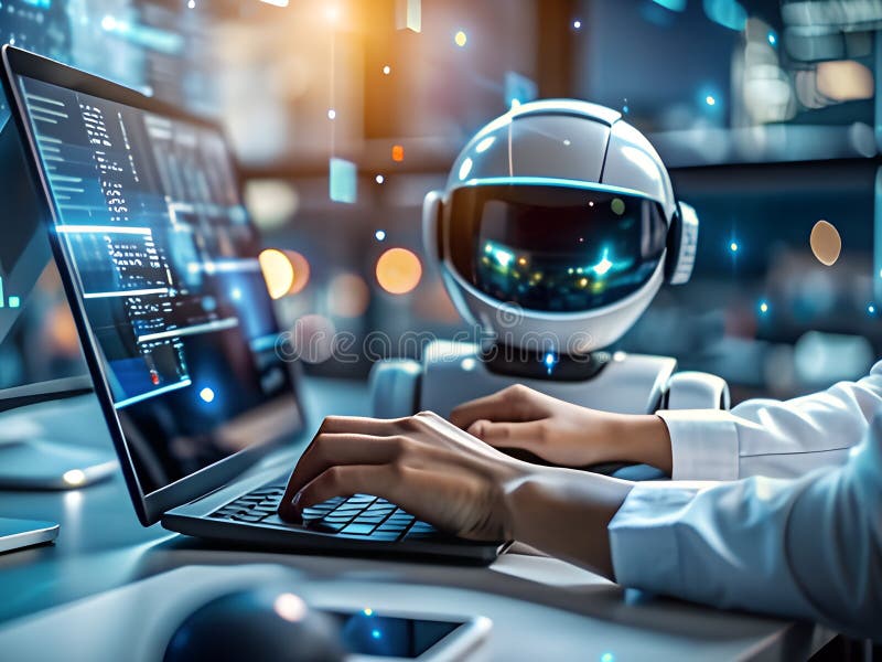A Person S Hands Typing on a Laptop Keyboard with a White Robot Next To ...