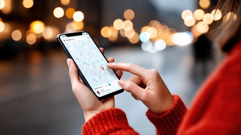 A Person S Hands Using a Smartphone Map Application in a City at Night ...
