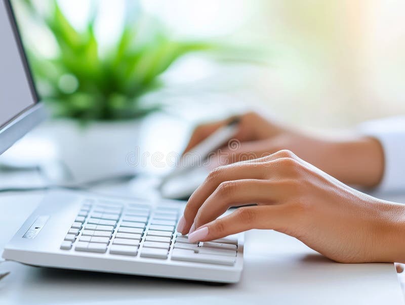 A Person’s Hands Working on a Computer Keyboard with a Green Plant in ...