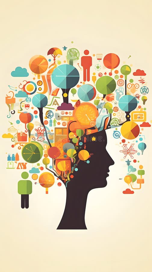 Person S Head with Bunch of Colorful Objects in the Shape of Brain ...