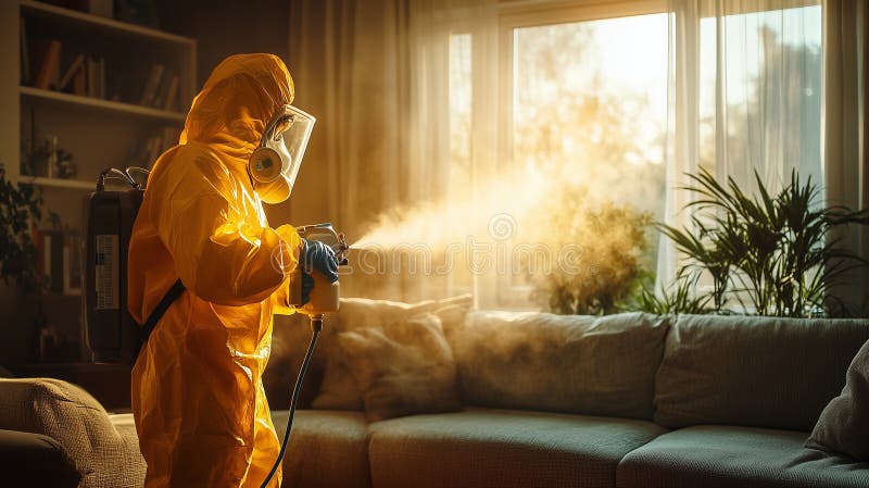 Person in Safety Suit Sprays Disinfecting Mist Stock Image - Image of ...