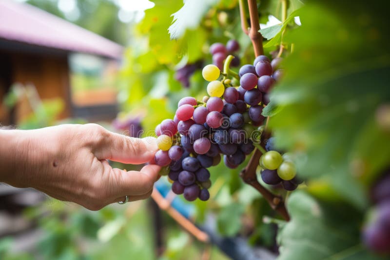 Person Sampling Grapes from the Vine in a Private Courtyard Stock ...