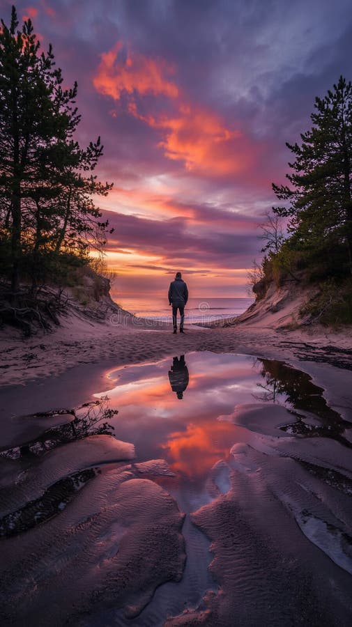Person on a Sandy Path Watching Beautiful Sunset Reflection Stock ...
