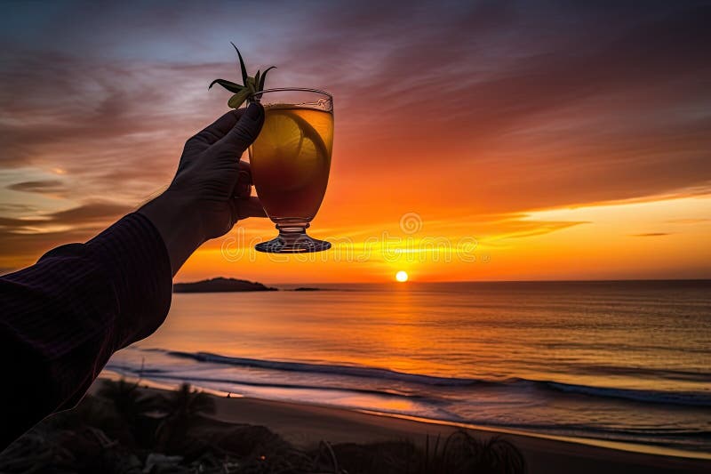 Person, Savoring Exotic Cocktail with View of the Sunset on the Beach ...