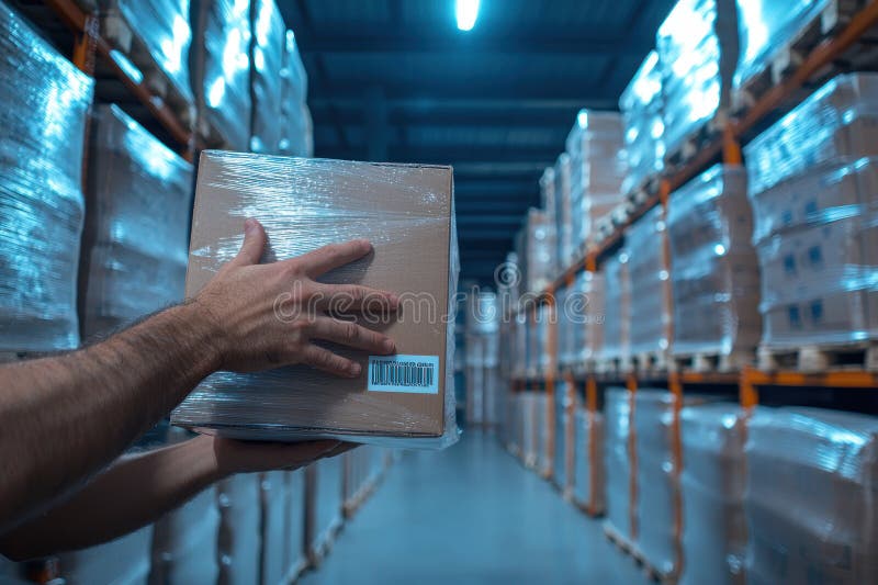 Person Scanning Barcode on Package in Warehouse, Surrounded by Stacked ...