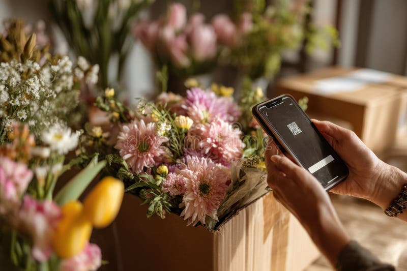 Person Scanning QR Code on Smartphone Near Box of Fresh Flowers ...