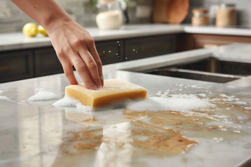 Person Scrubbing Kitchen Counter with Sponge Stock Illustration ...