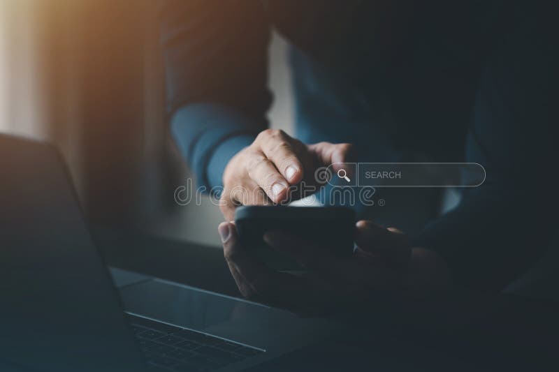 Person with Search Box Hologram Graphic, Search Engine Information ...