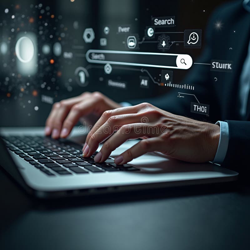Person Searching on Laptop with Futuristic Interface Overlay Stock ...