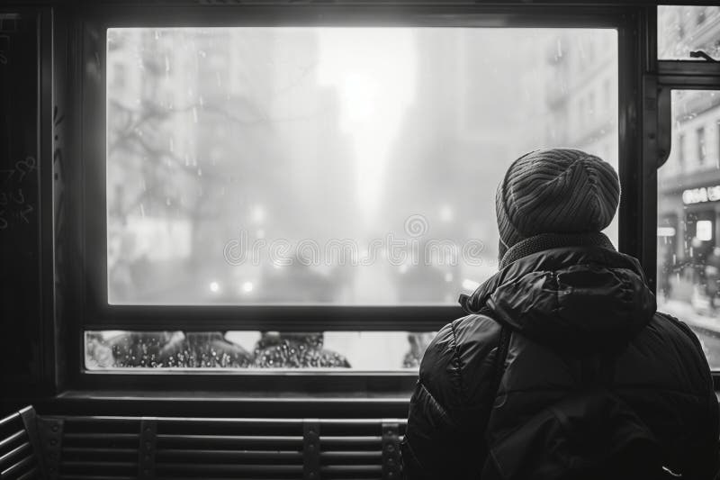 A Person is Seated on a Bench, Gazing Out of a Window, Mockup Stock ...
