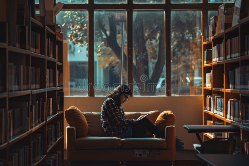 A Person Seated on a Couch in a Library, a Quiet Library Corner with a ...
