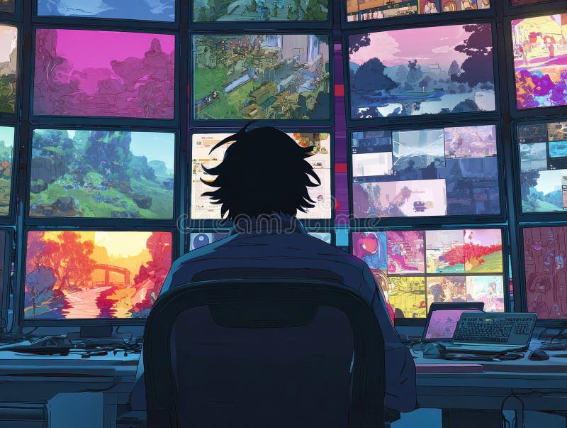 A Person, Seated at a Tech-filled Studio, Immersed in Multiple Computer ...