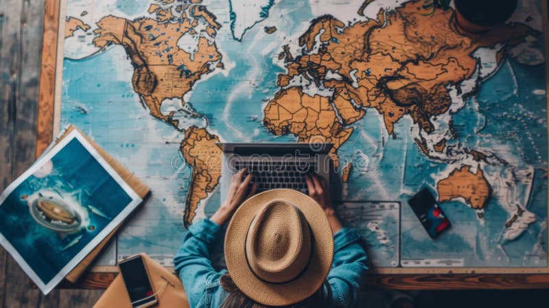 Person Using Laptop on Map for Navigation Stock Illustration ...