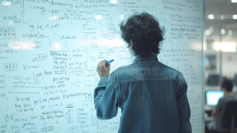 A Person is Seen from Behind, Writing on a Whiteboard Covered in ...