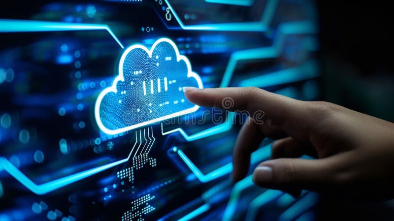Person Touching A Cloud On Computer Screen Stock Illustration Illustration Of Cyber Hand