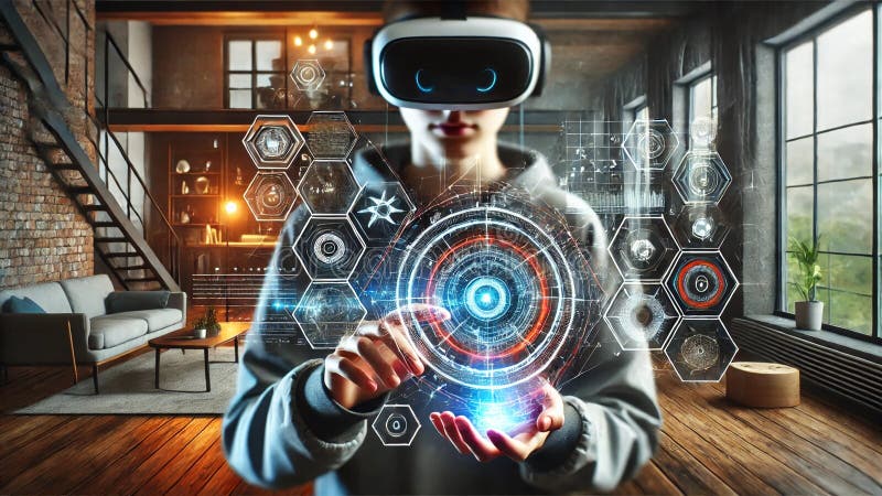 Person Using Virtual Reality Headset in Futuristic Home with ...