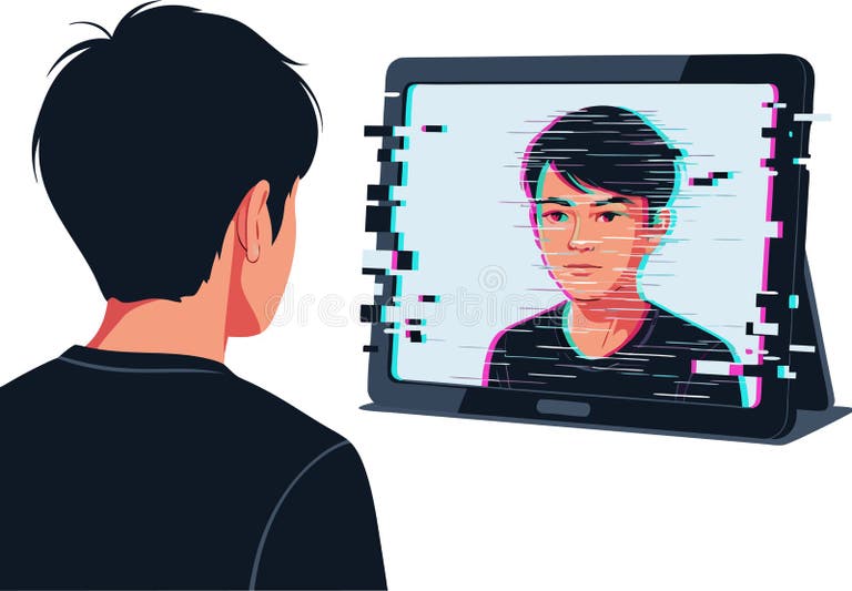 A Person Sees Their Reflection on the Screen, Distorted by Digital ...