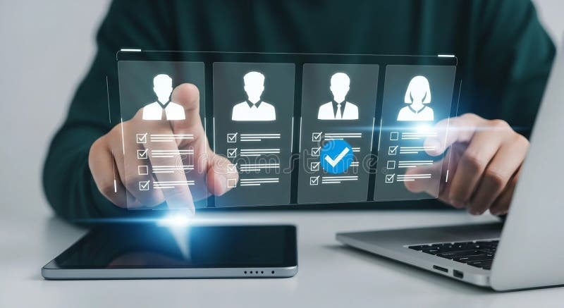 Person Selecting Candidate Profile on Digital Screen Technology Stock ...
