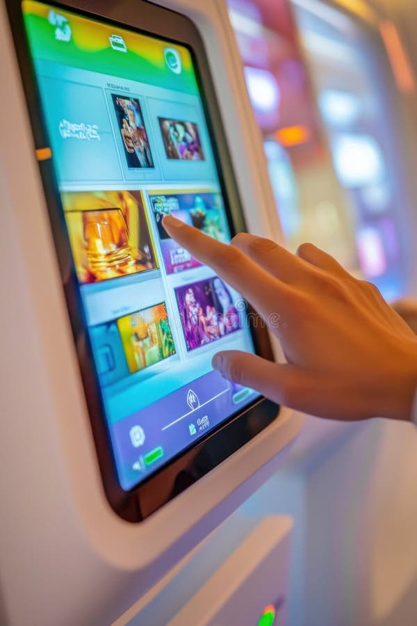 Customer Using Interactive Touchscreen Kiosk in Modern Store Stock ...