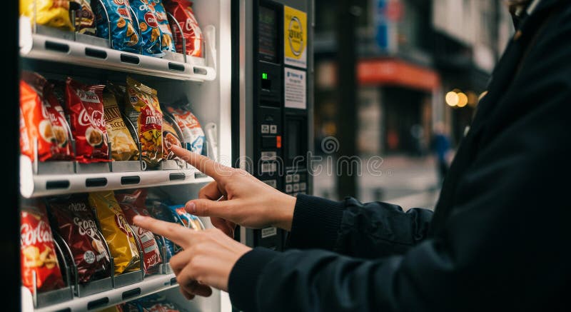 Person Selecting Snacks from a Vending Machine in an Urban Setting ...