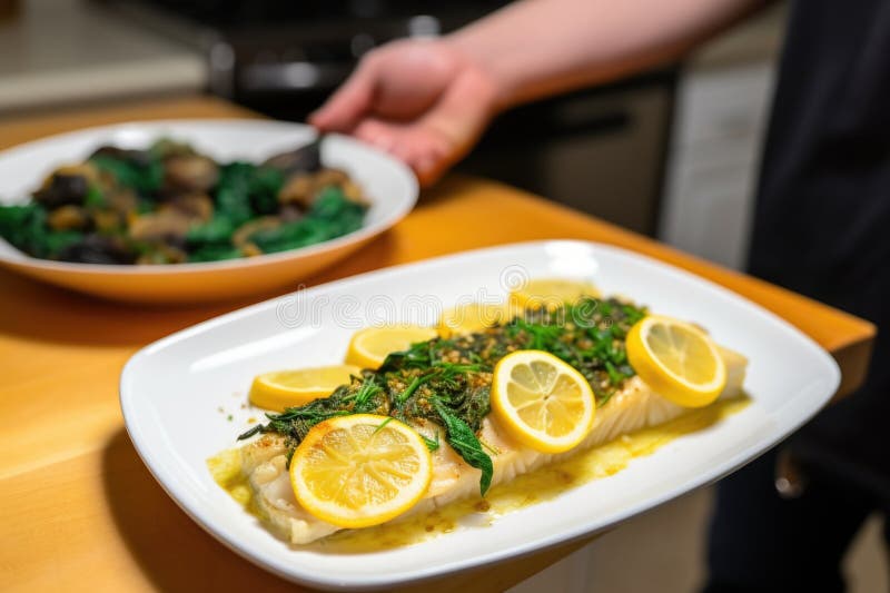 A Person Serving a Plate of Baked Cod with Lemon Stock Image - Image of ...