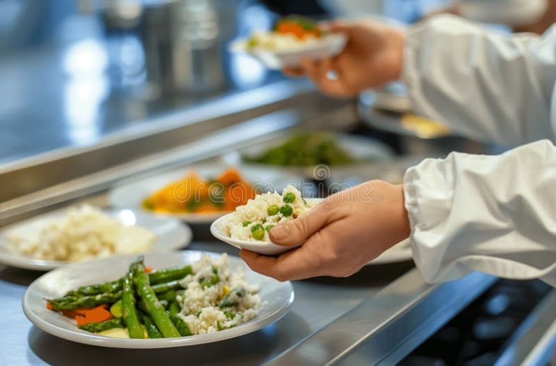 Person Serving Rice and Vegetables in Kitchen Stock Image - Image of ...