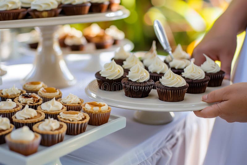 Person Setting Up a Dessert Station with Cupcakes and Tarts Stock ...