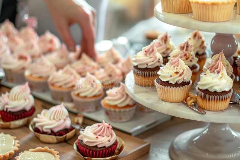 Person Setting Up a Dessert Station with Cupcakes and Tarts Stock ...