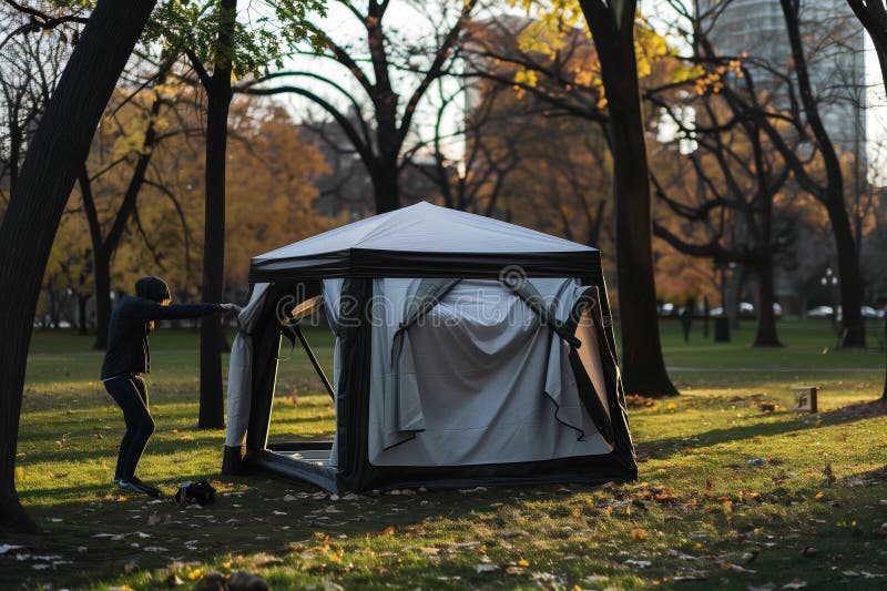 Person Setting Up a Portable Gazebo in a Park Stock Photo - Image of ...