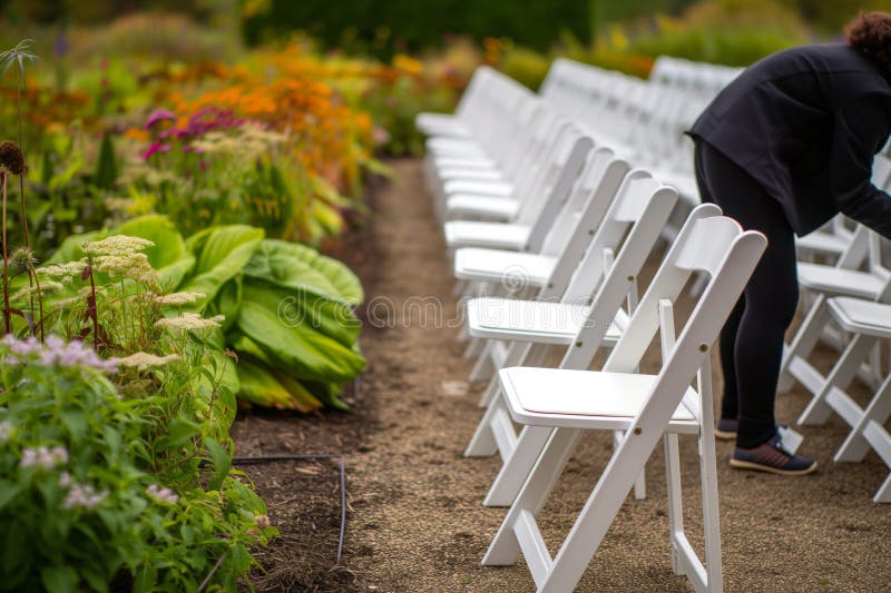 Person Setting Up White Chairs in a Garden Row Stock Photo - Image of ...