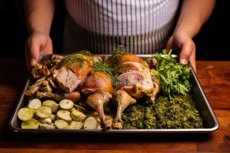Person Showcasing a Tray Filled with Herb-marinated Rabbit Meat Stock ...
